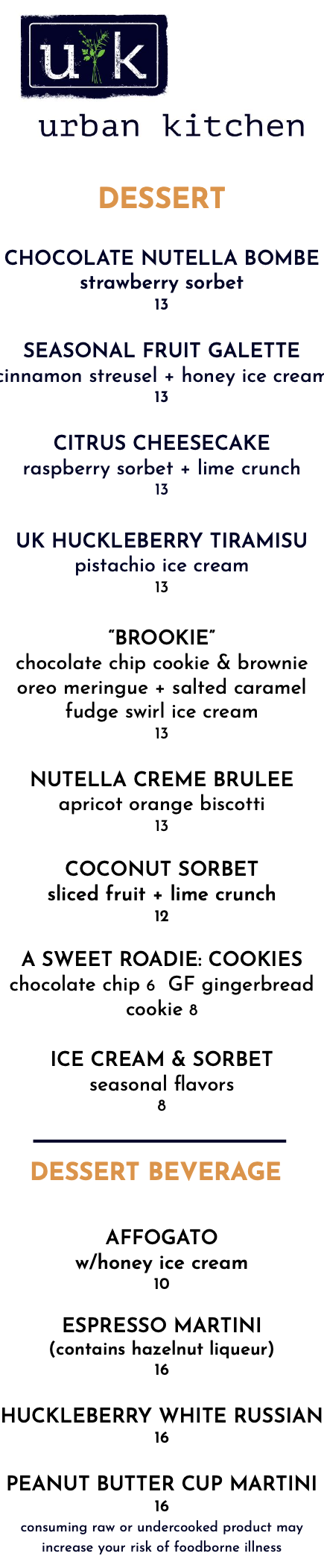 Dessert Menu — Urban Kitchen