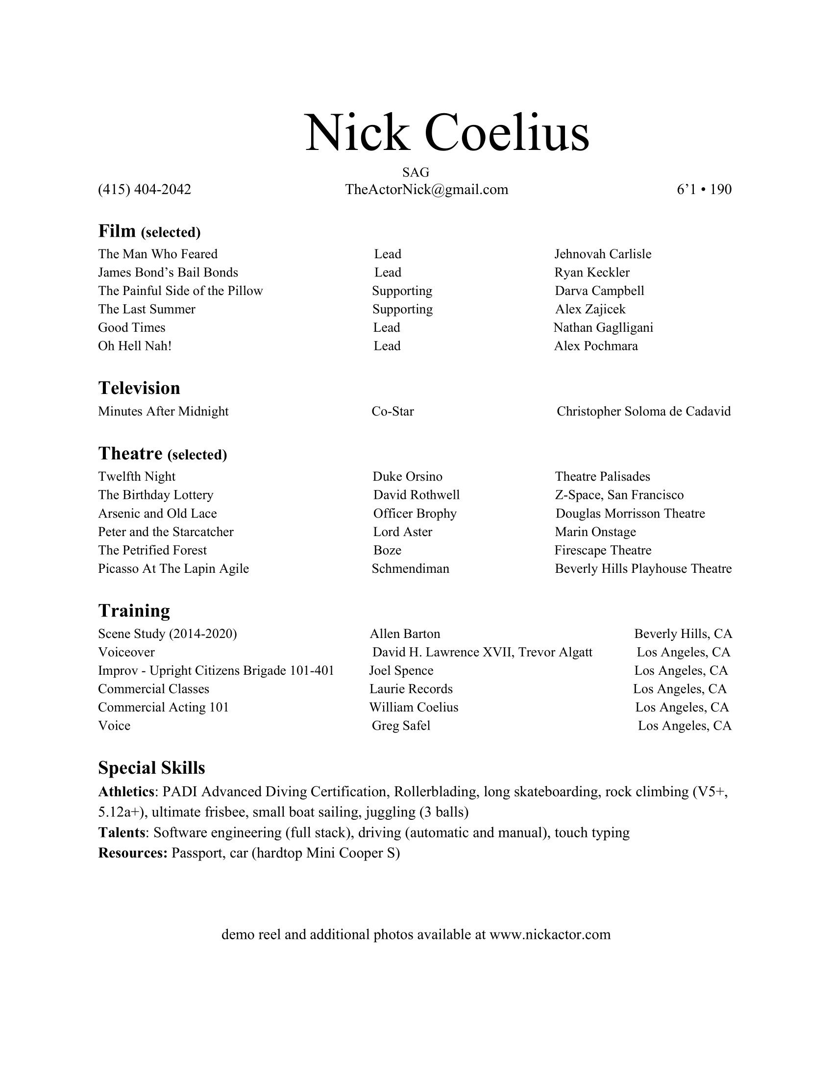 Resume — Nick Coelius