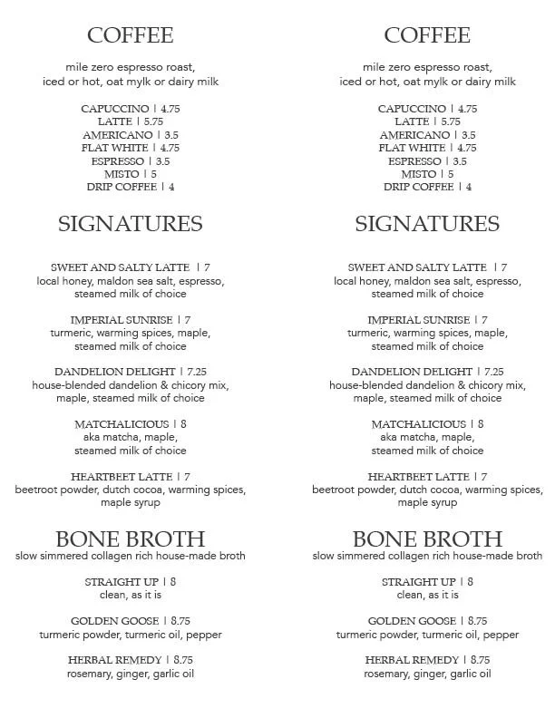 DINING MENU — Nourish Kitchen & Cafe