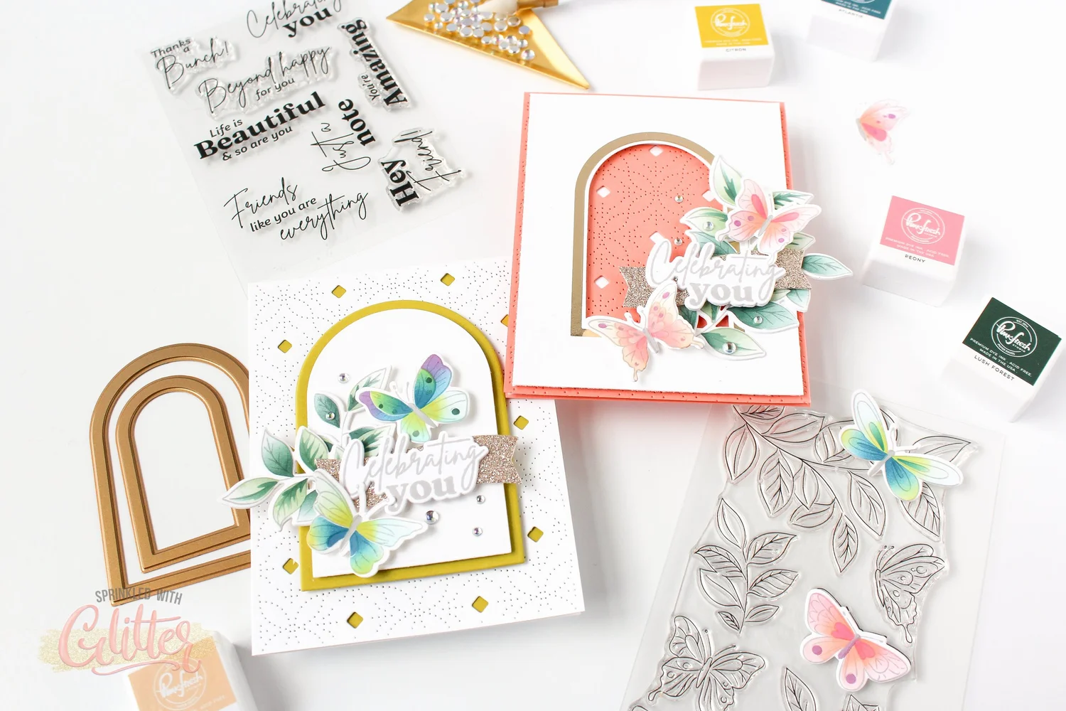 Two For One Cards Featuring Fluttering Butterflies — Sprinkled With Glitter