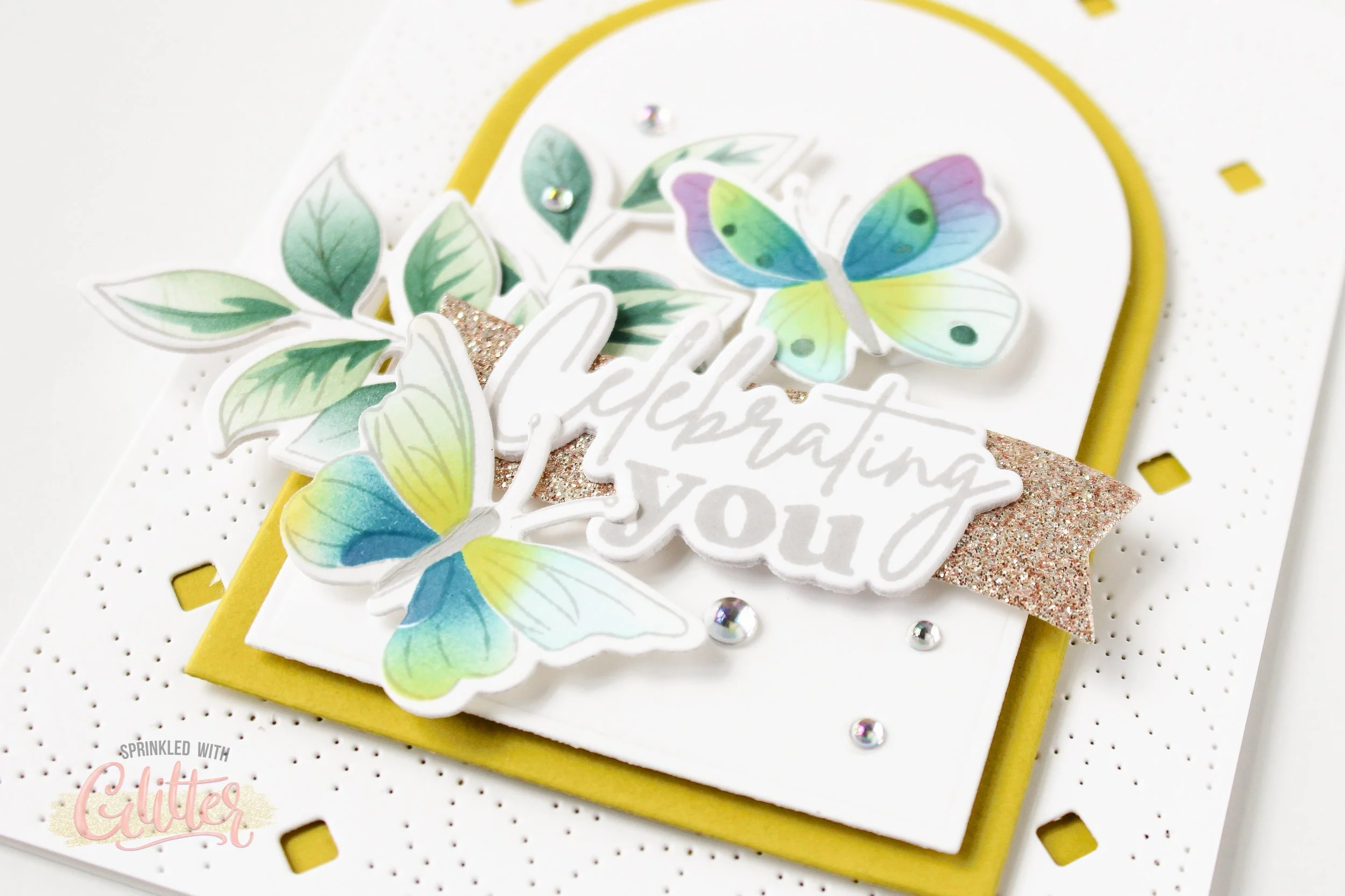 Two For One Cards Featuring Fluttering Butterflies — Sprinkled With Glitter