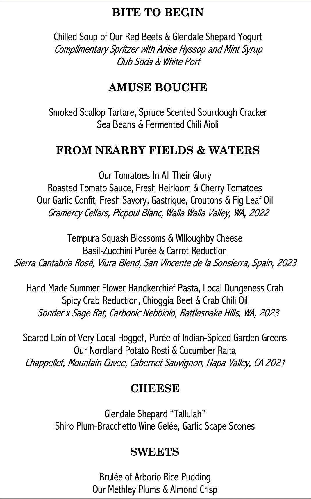 Sample Menus — Orchard Kitchen — Whidbey Island