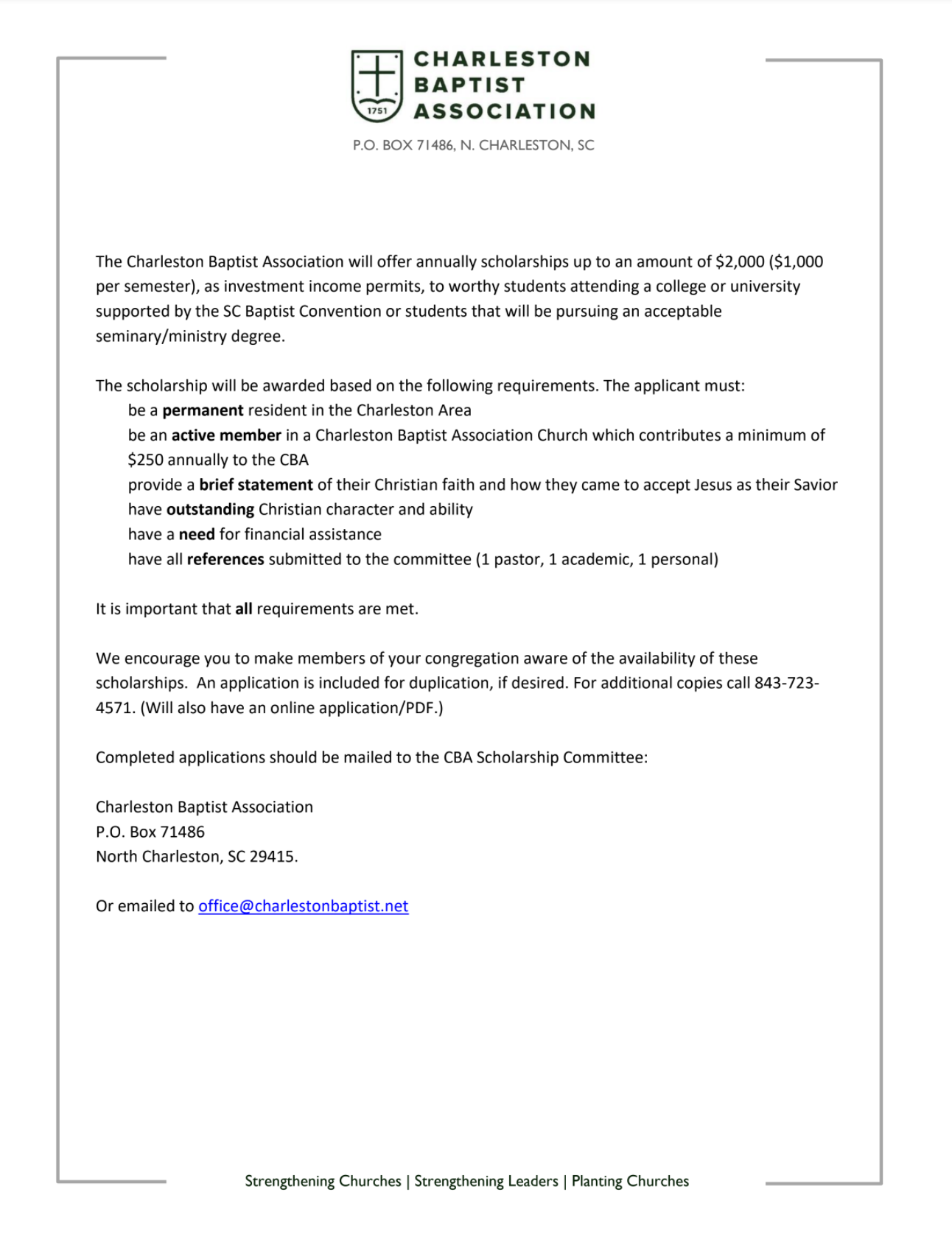 CBA Scholarship — Charleston Baptist Association