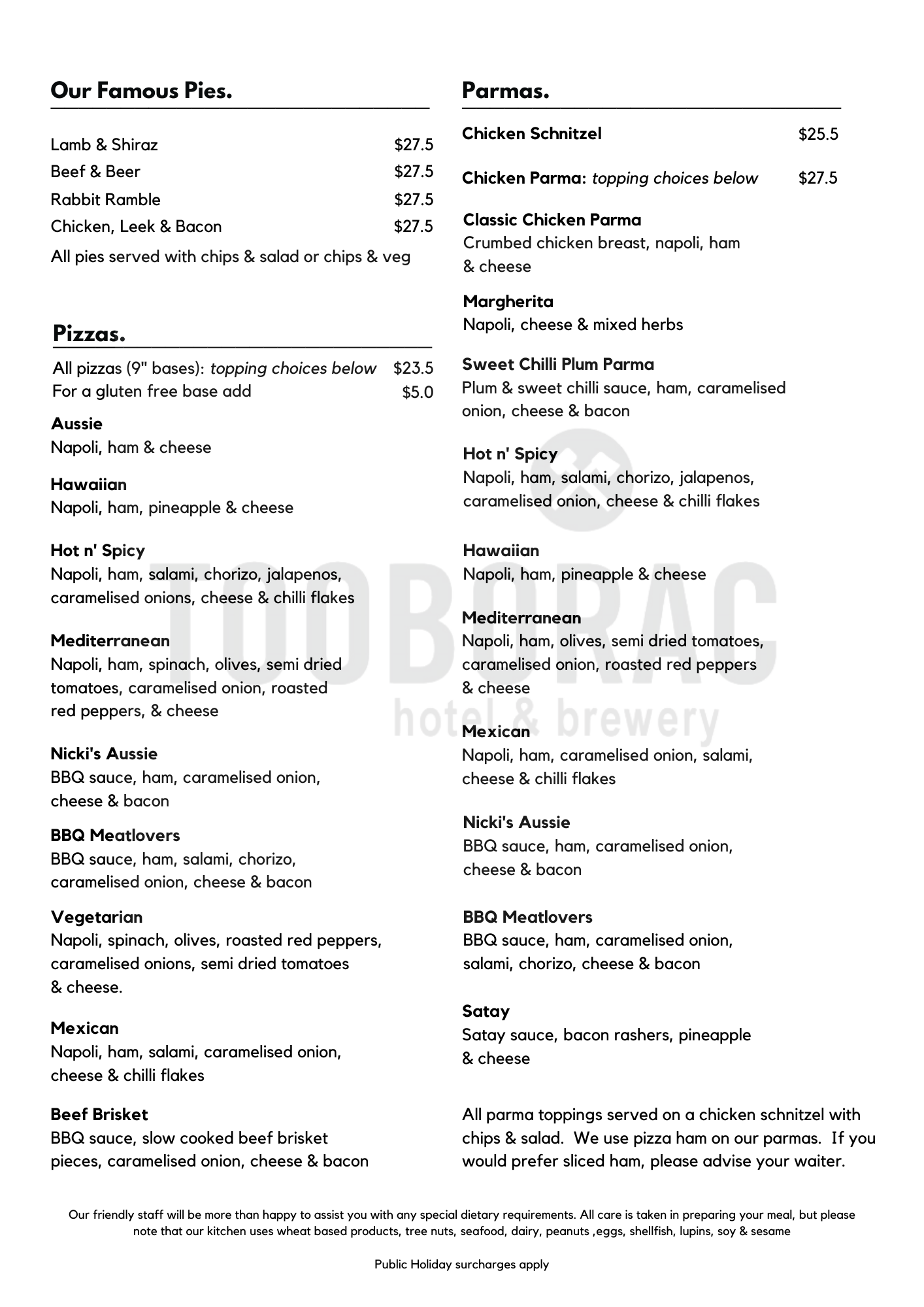 Menu — Tooborac Hotel and Brewery