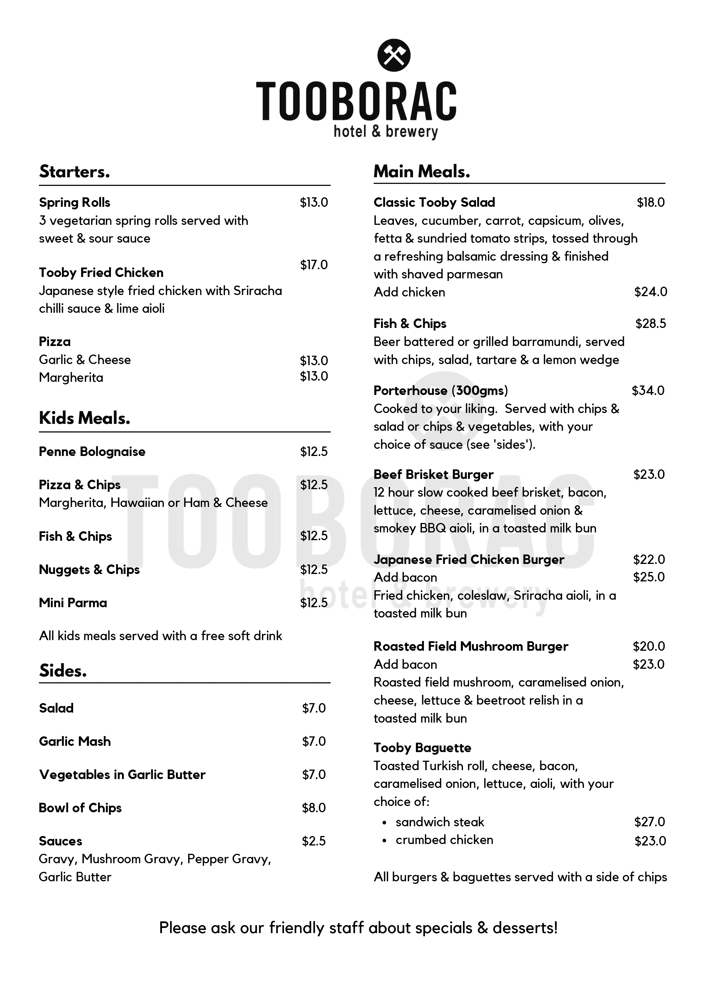 Menu — Tooborac Hotel and Brewery
