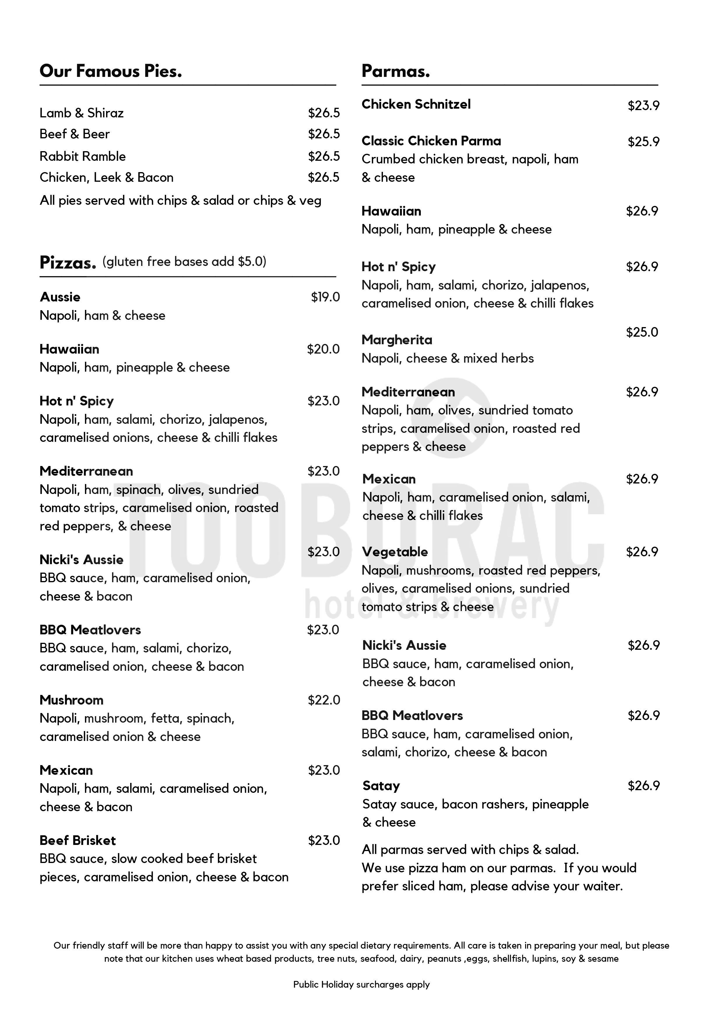 Menu — Tooborac Hotel and Brewery