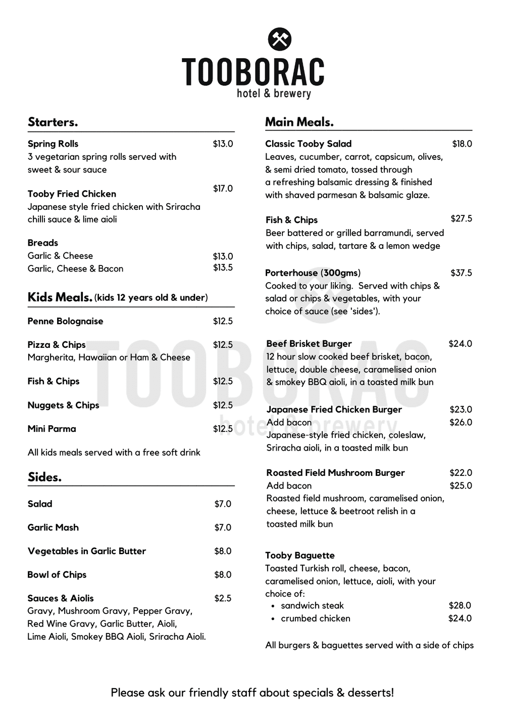 Menu — Tooborac Hotel and Brewery