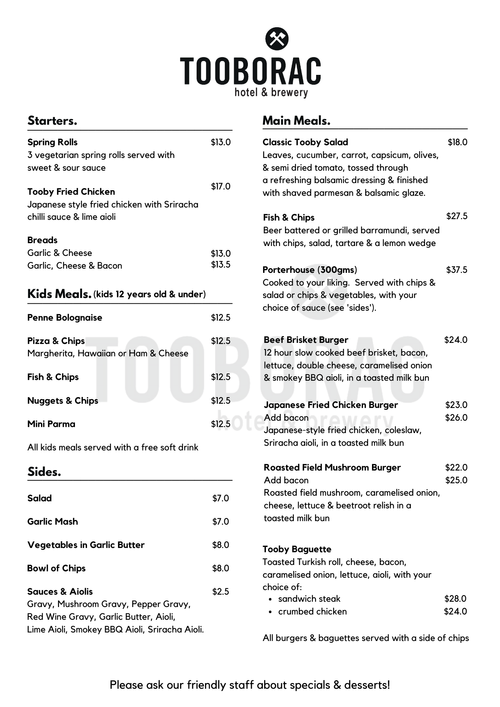 Menu — Tooborac Hotel and Brewery