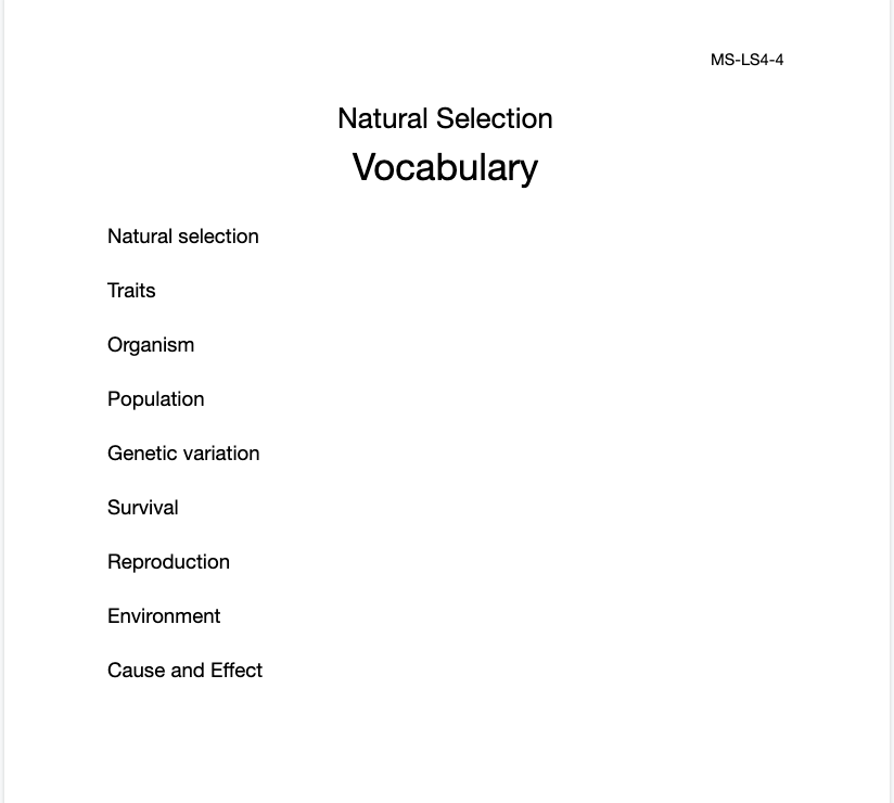 Vocabulary - Natural Selection — The Wonder of Science