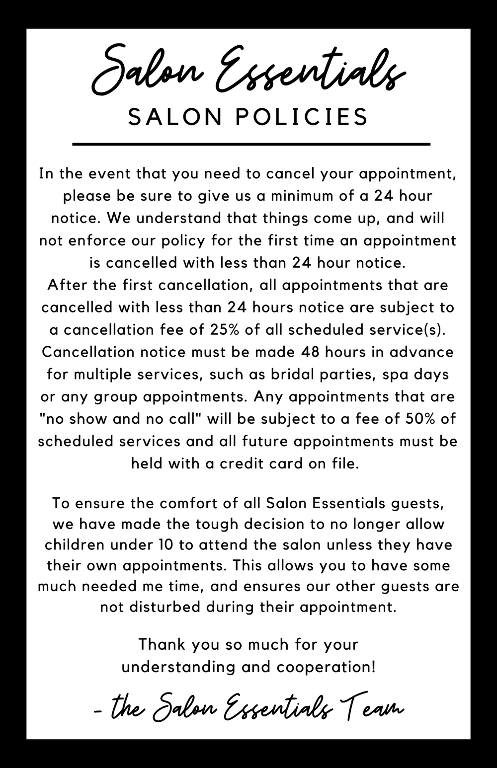 Our Policies — salon essentials