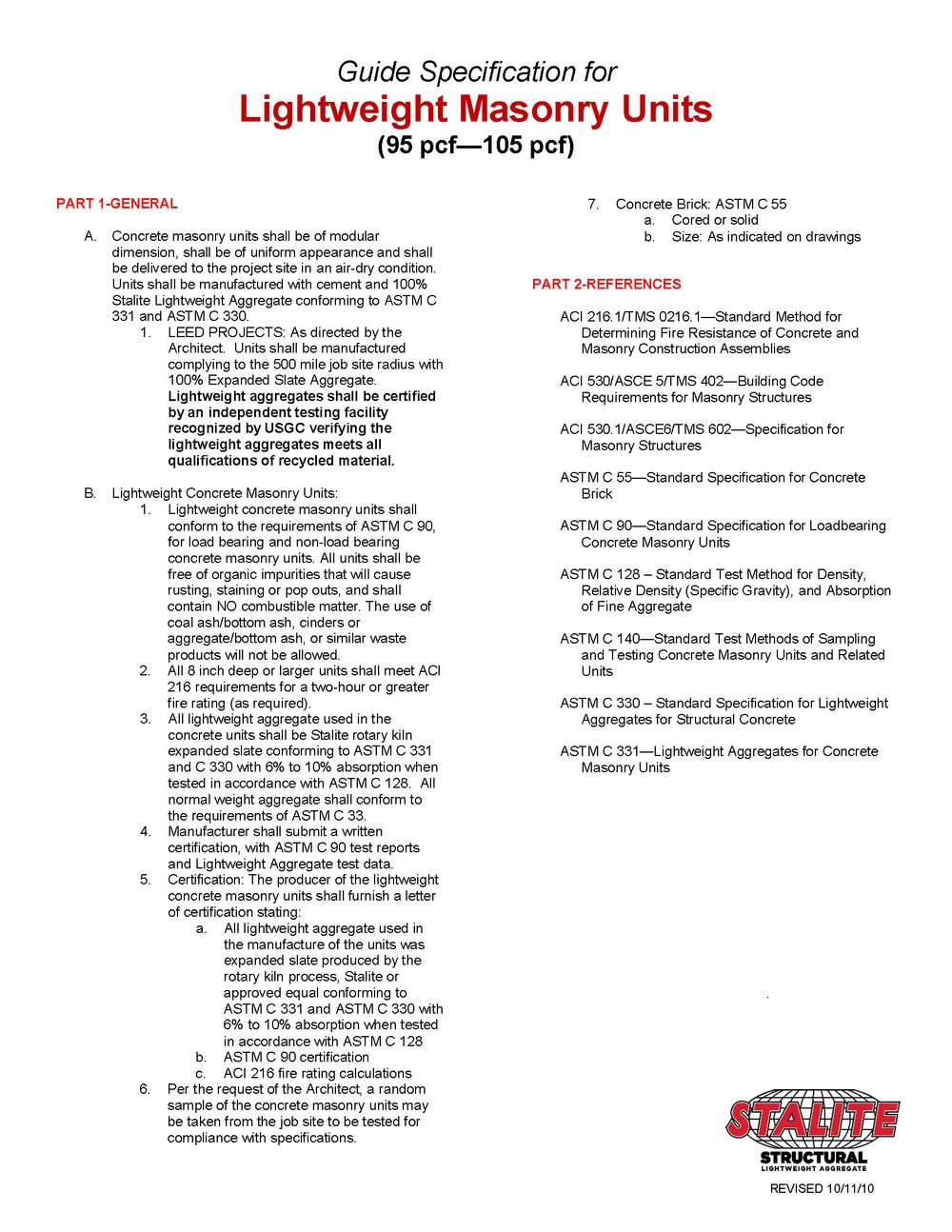 Specifications — Stalite