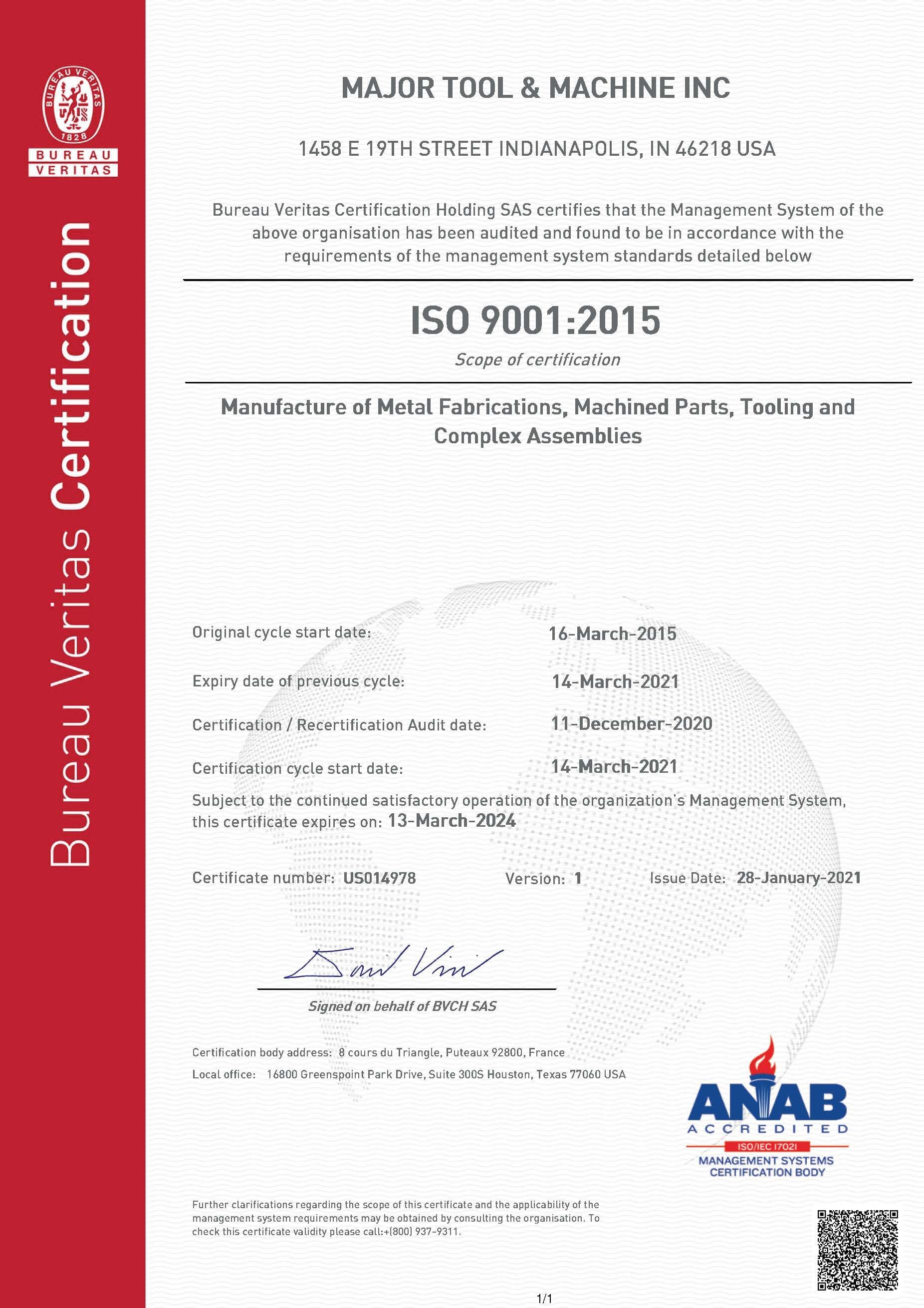 Certifications - Major Tool & Machine