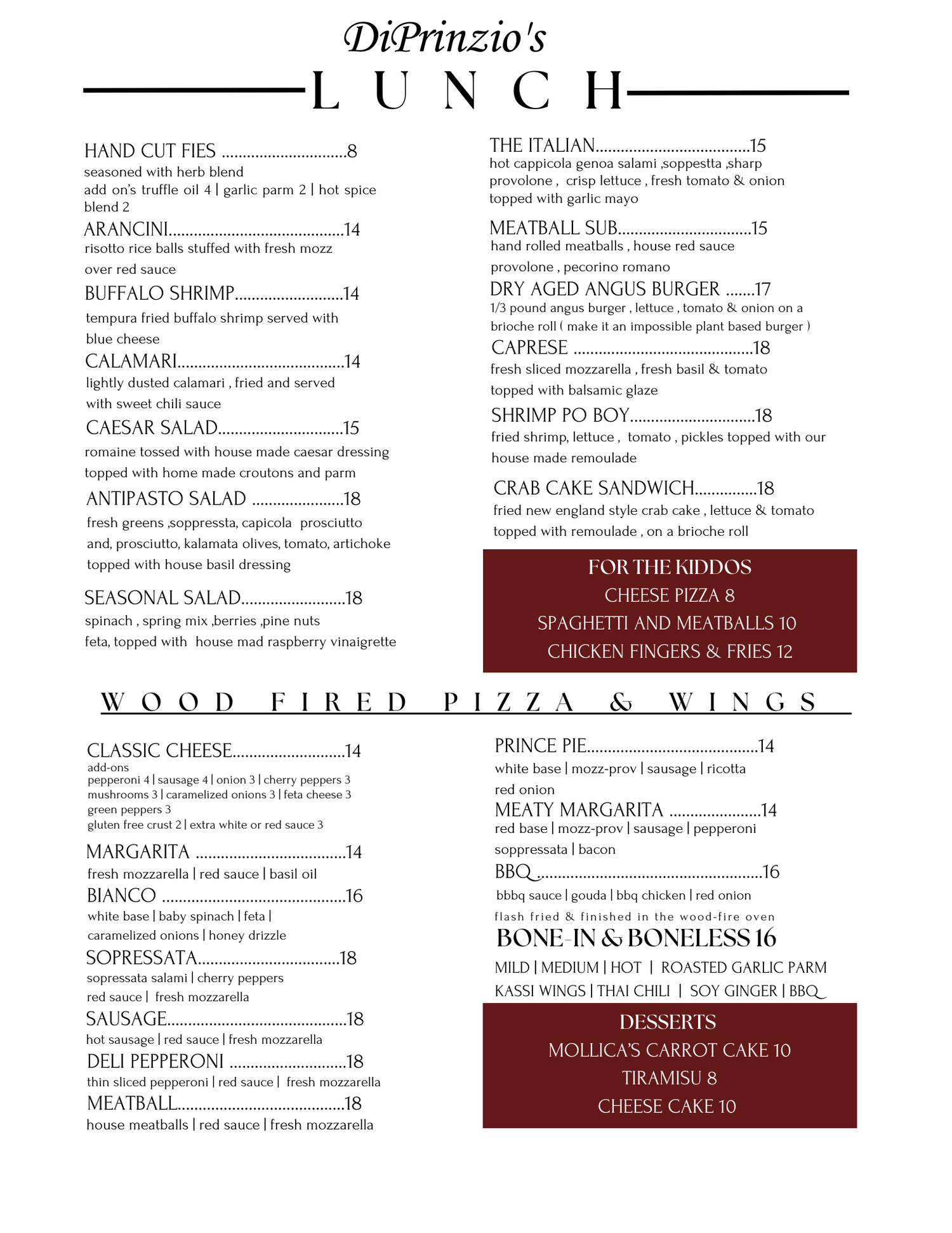 Lunch Menu — Di Prinzio's Kitchen & Cocktails