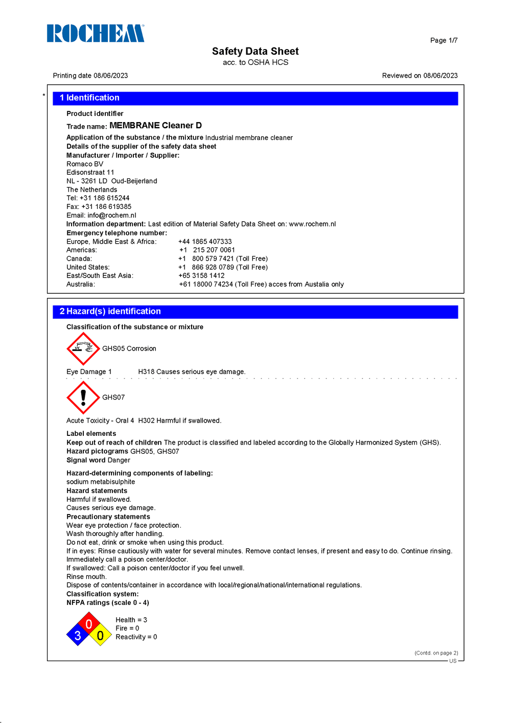 Material Safety Data Sheets — Rochem Americas, Inc.