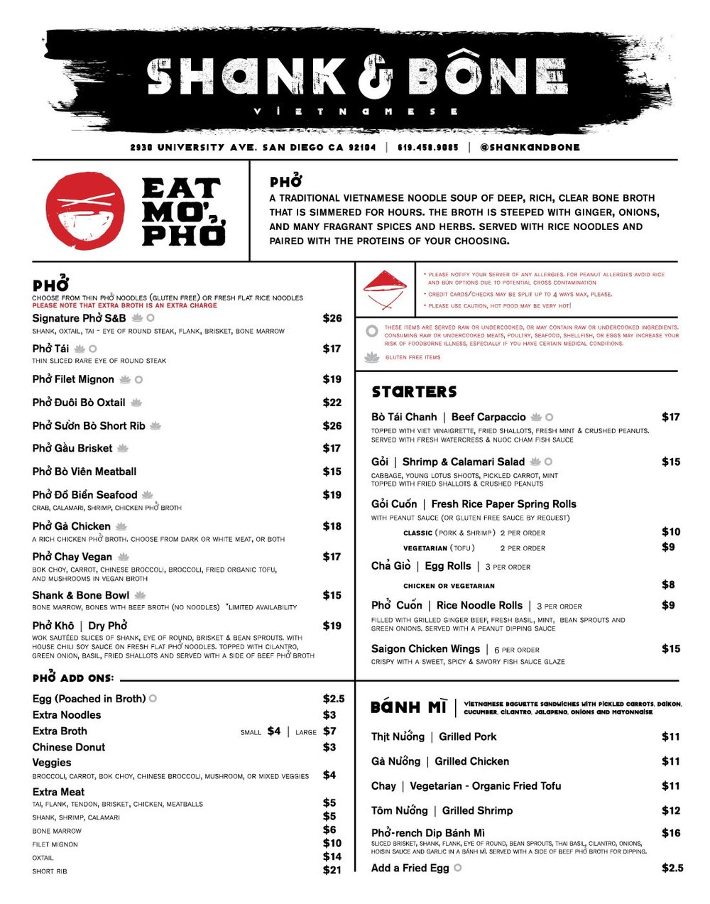 MENU — SHANK & BONE