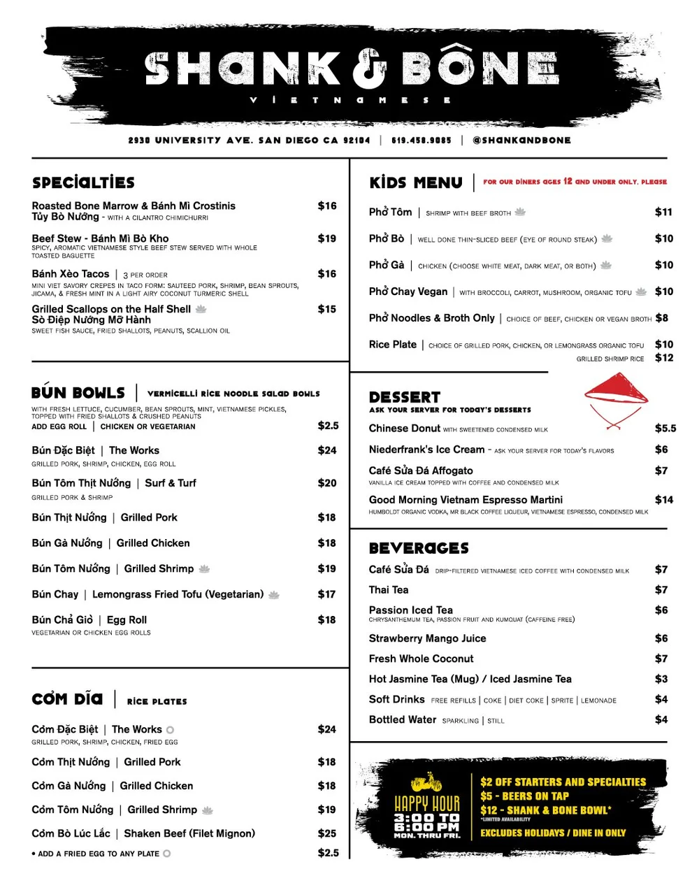 MENU — SHANK & BONE