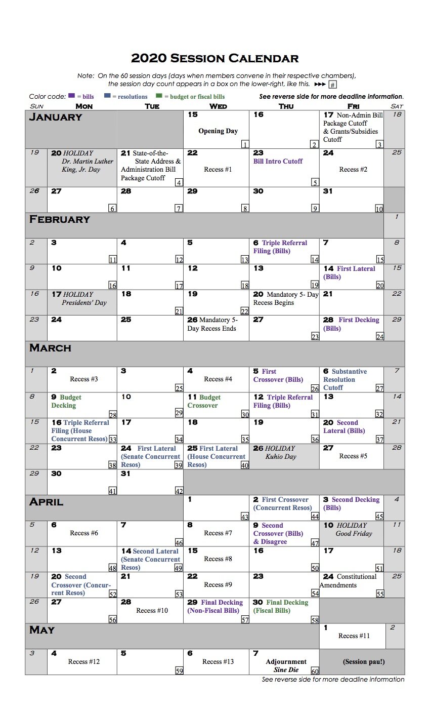 2020 Legislative Session Calendar — CapitolWatch | Sierra Club of Hawaiʻi