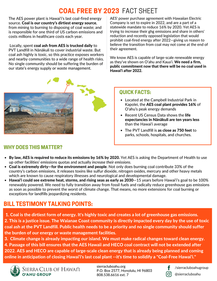 SUPPORT HB2657: Coal-Free Hawai‘i — CapitolWatch | Sierra Club of Hawaiʻi