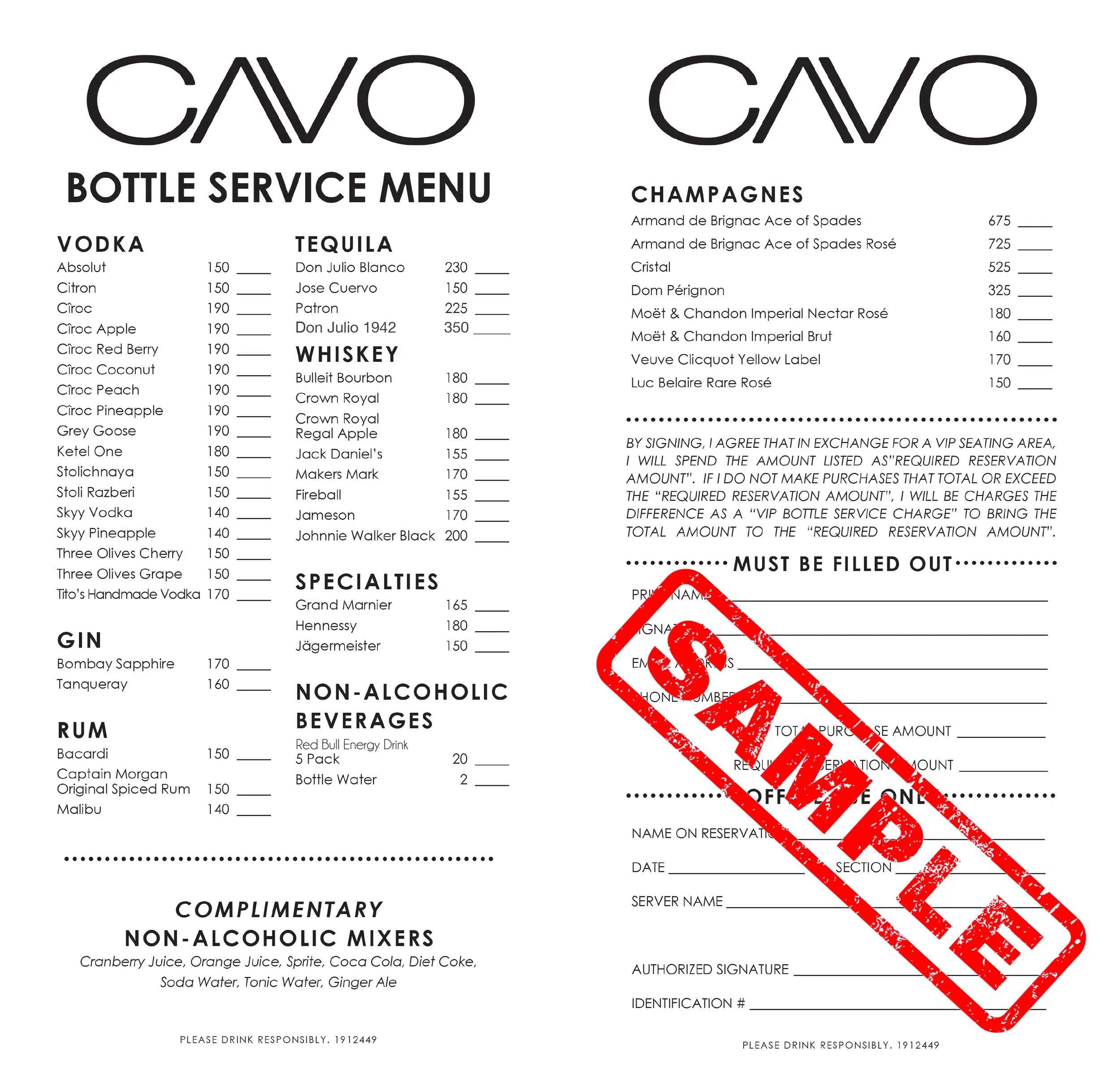 Bottle Menu — Cavo