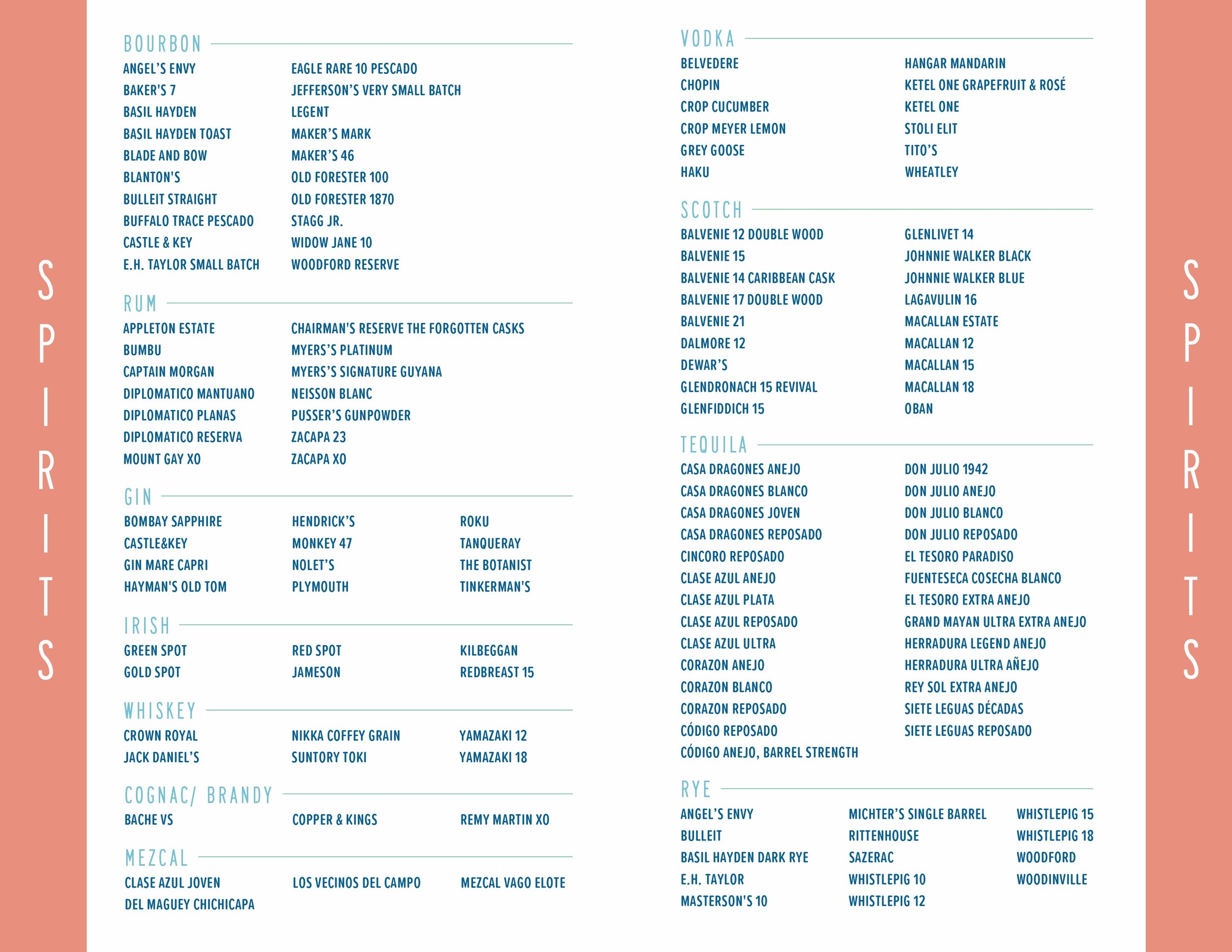 Spirit List — Pescado Seafood Grill & Rooftop Bar