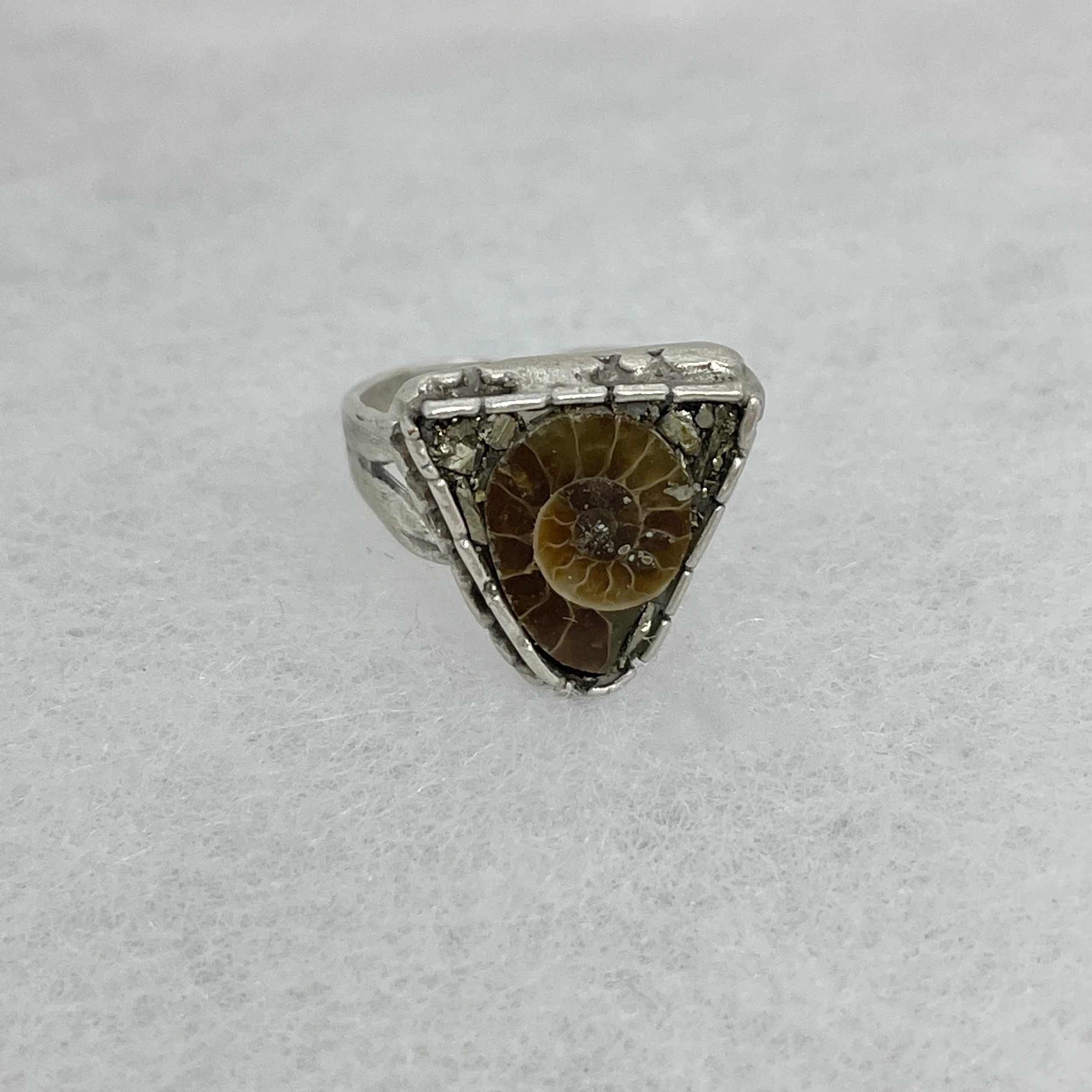 Ammonite/Pyrite Triangle Ring — Andamento Studio & Gallery