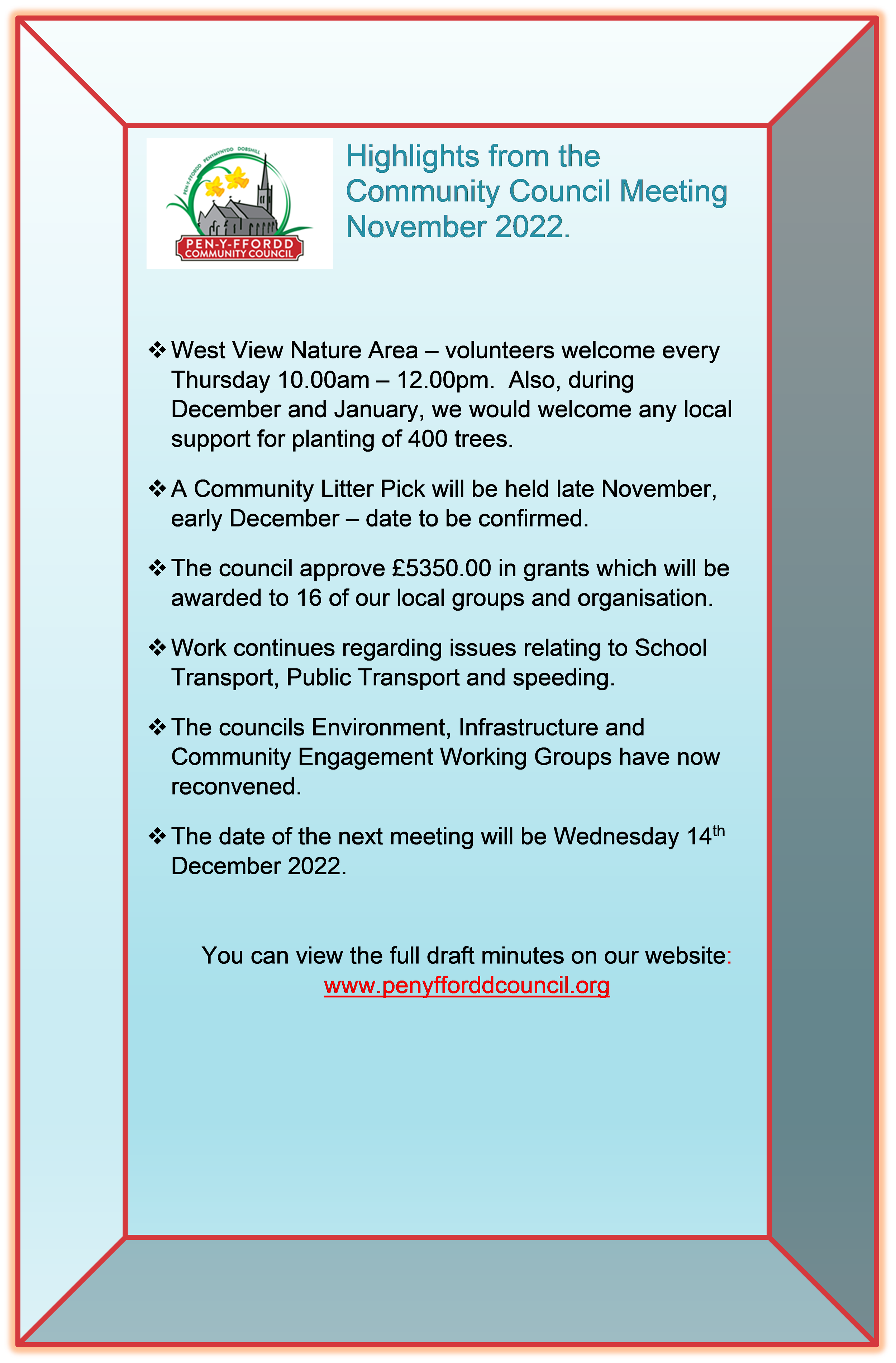 Highlights from the November 2022 Meeting — Penyffordd Community Council