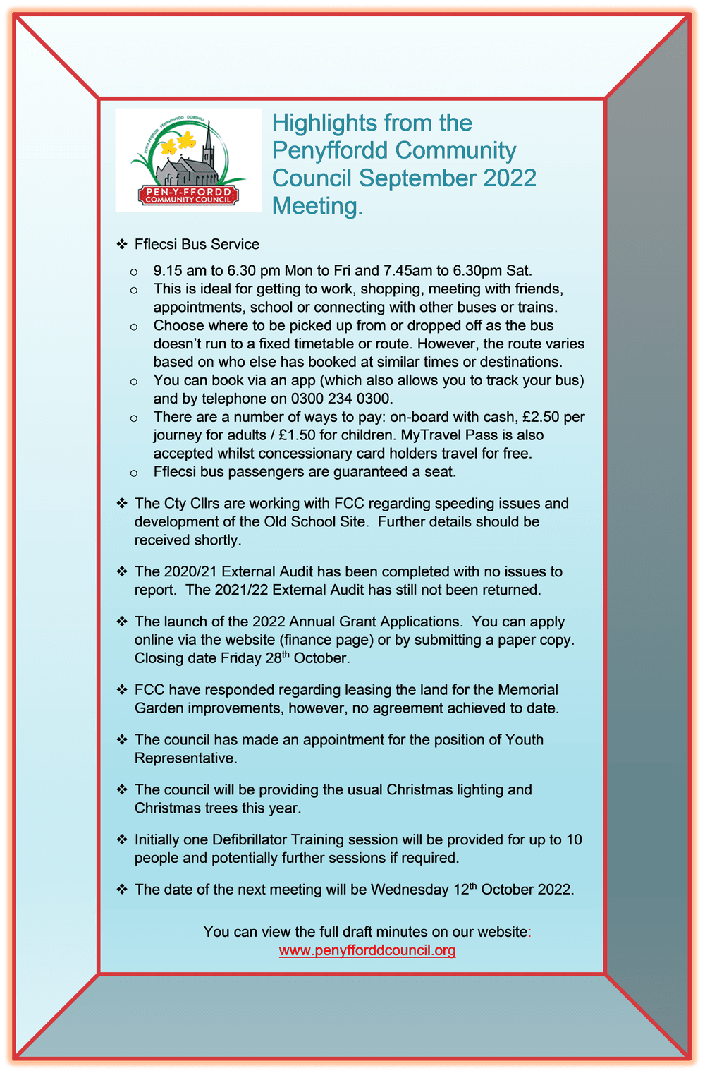 Highlights from the September Meeting — Penyffordd Community Council