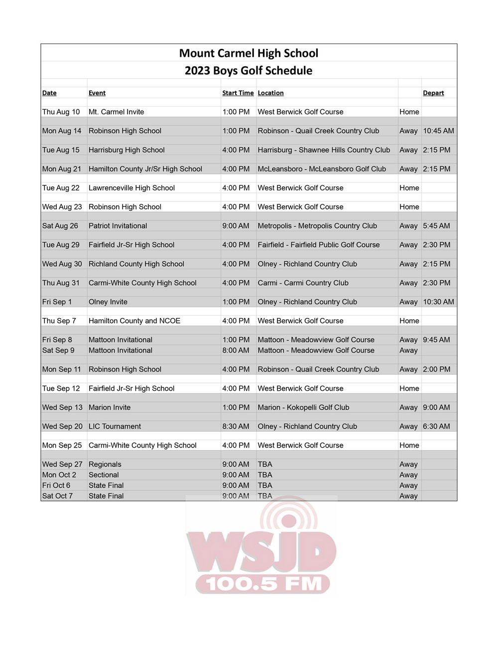 2023 MCHS Boys Golf Schedule