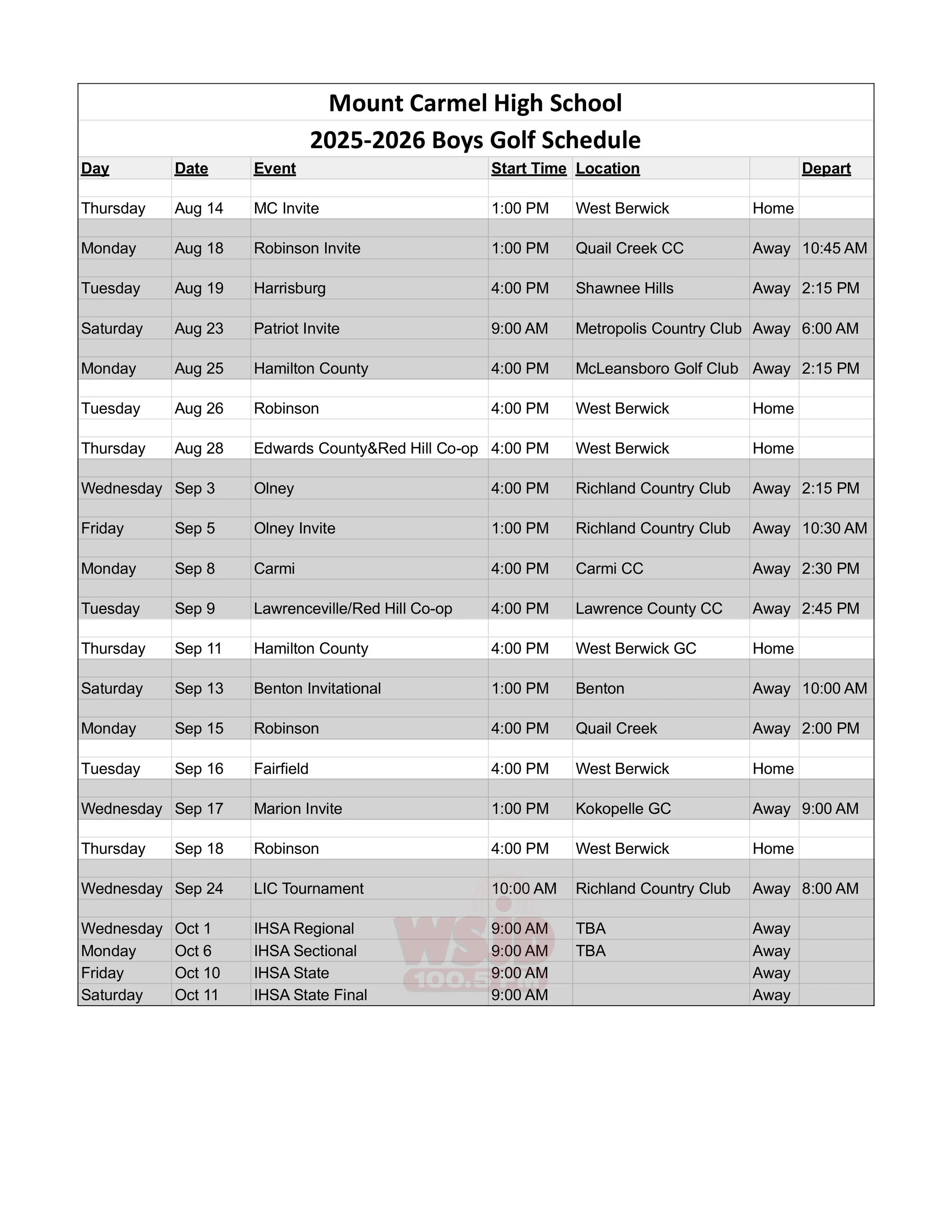 2025 MCHS Boys Golf Schedule