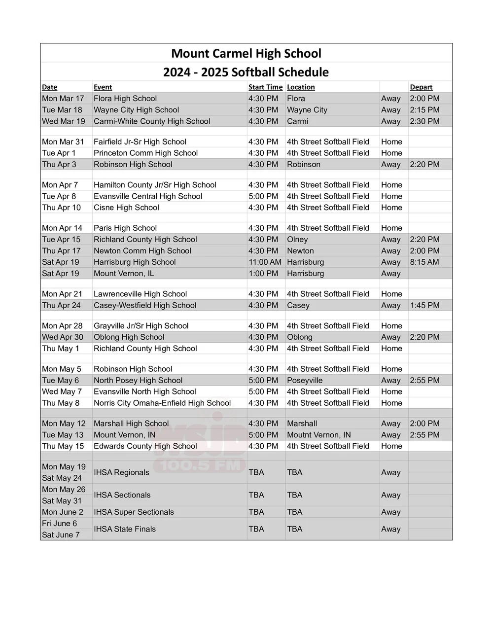 2025 MCHS Softball Schedule