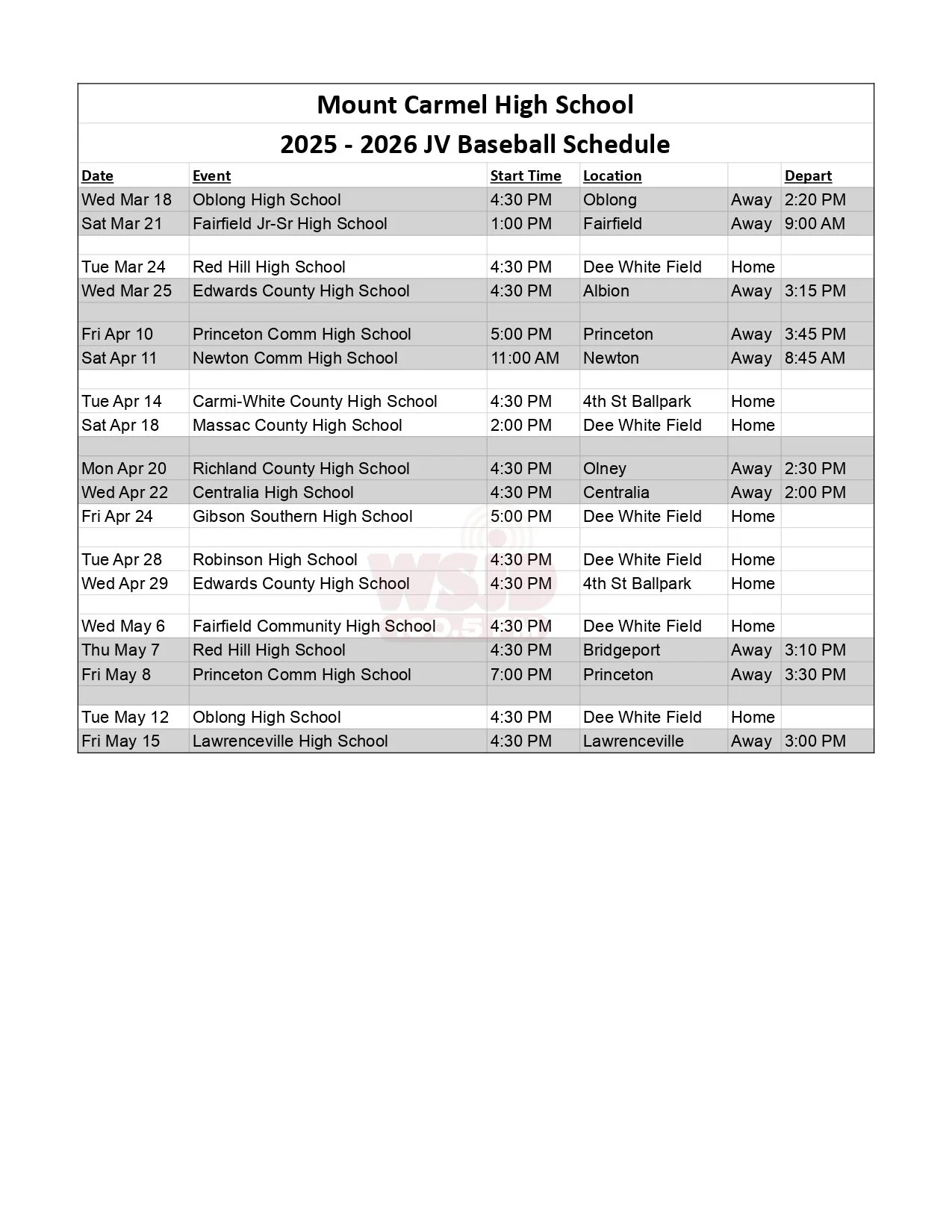 2026 MCHS JV Baseball Schedule