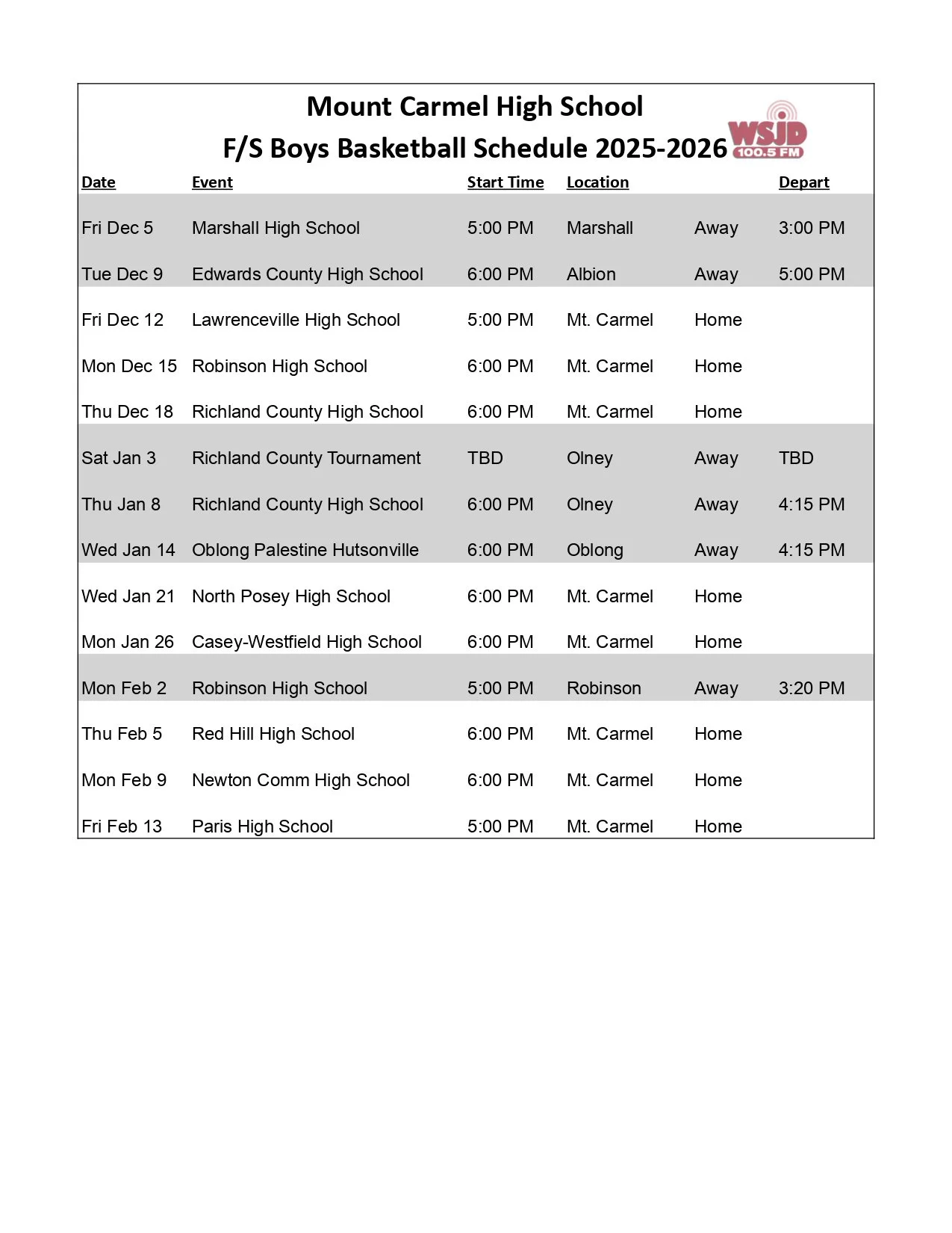2025-2026 MCHS Fresh/Soph Basketball Schedule
