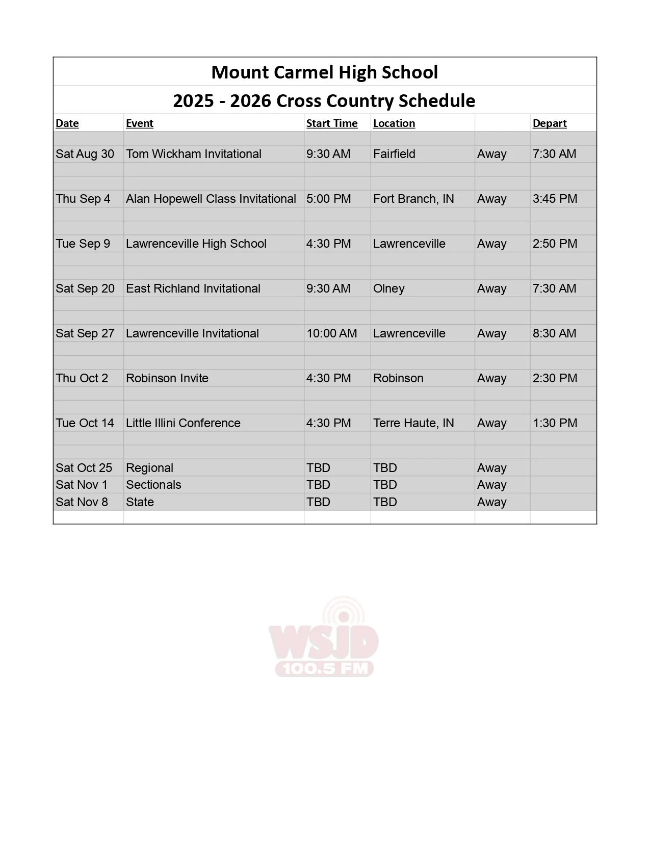 2025 MCHS Cross Country Schedule