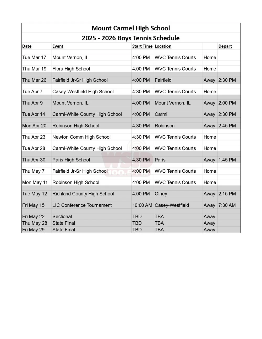 2026 MCHS Boys Tennis Schedule