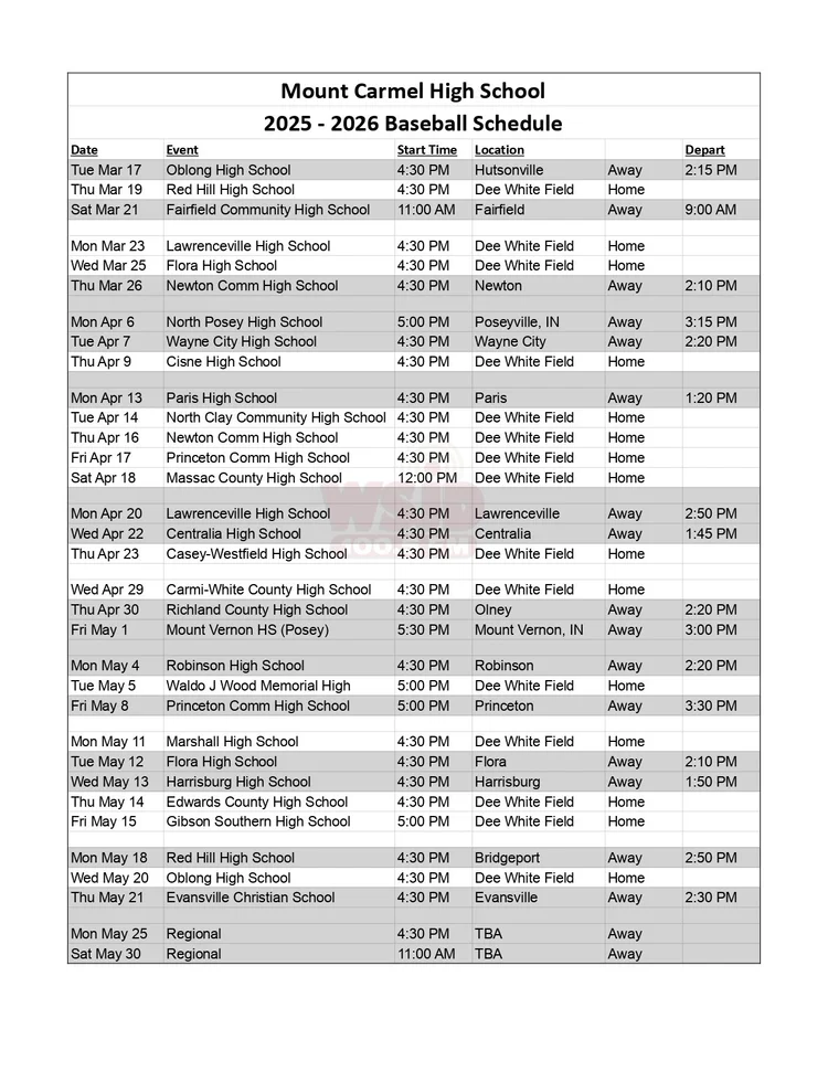 2026 MCHS Baseball Schedule