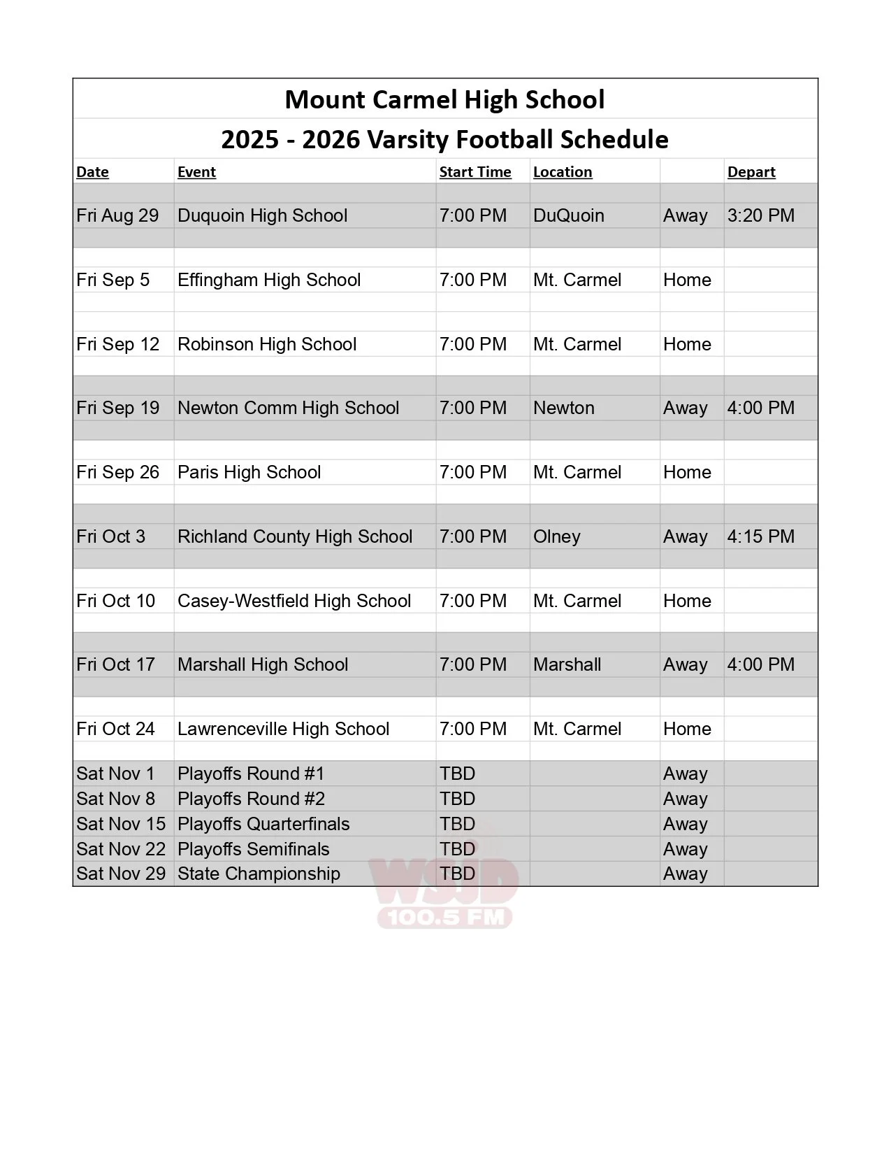 2025 MCHS Football Schedule