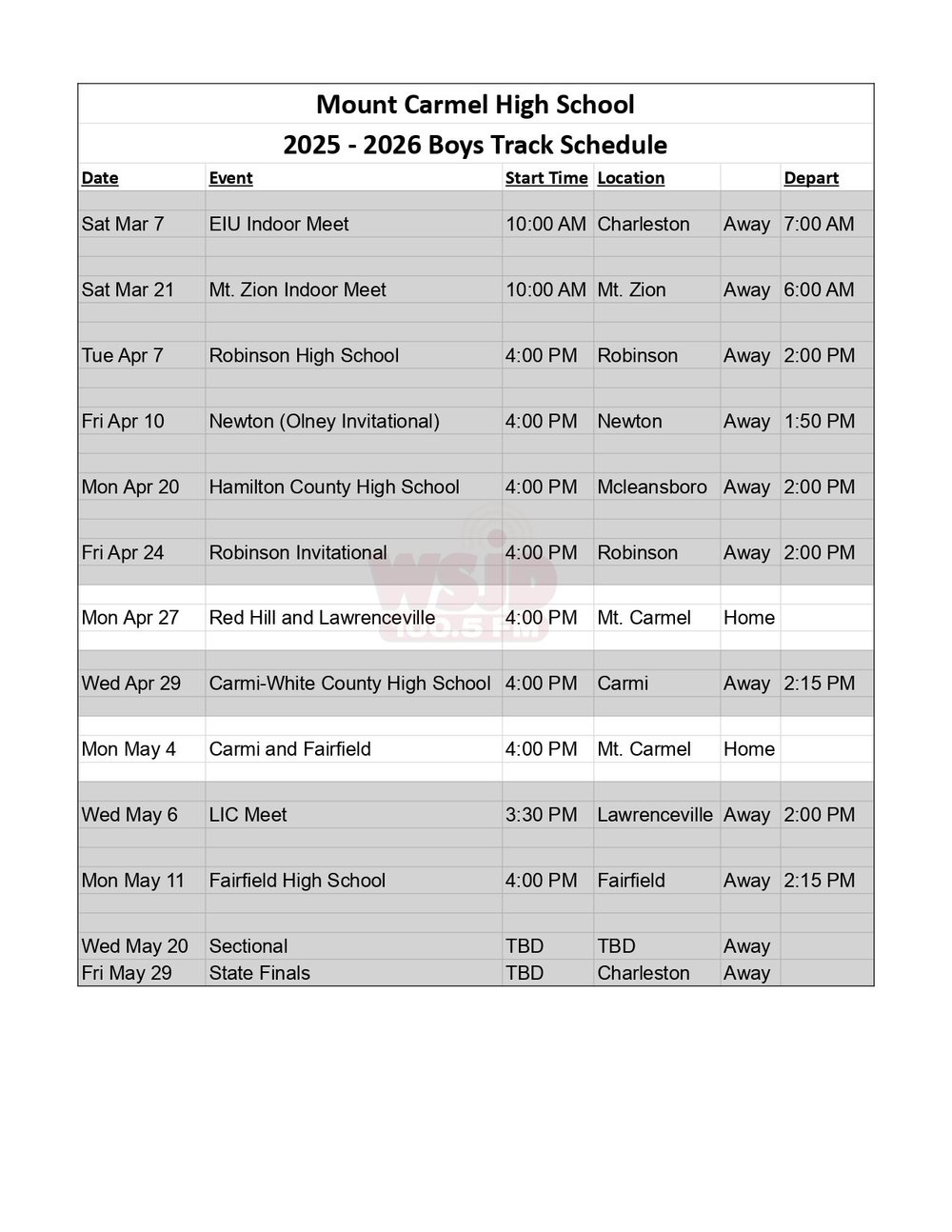 2026 MCHS Boys Track Schedule