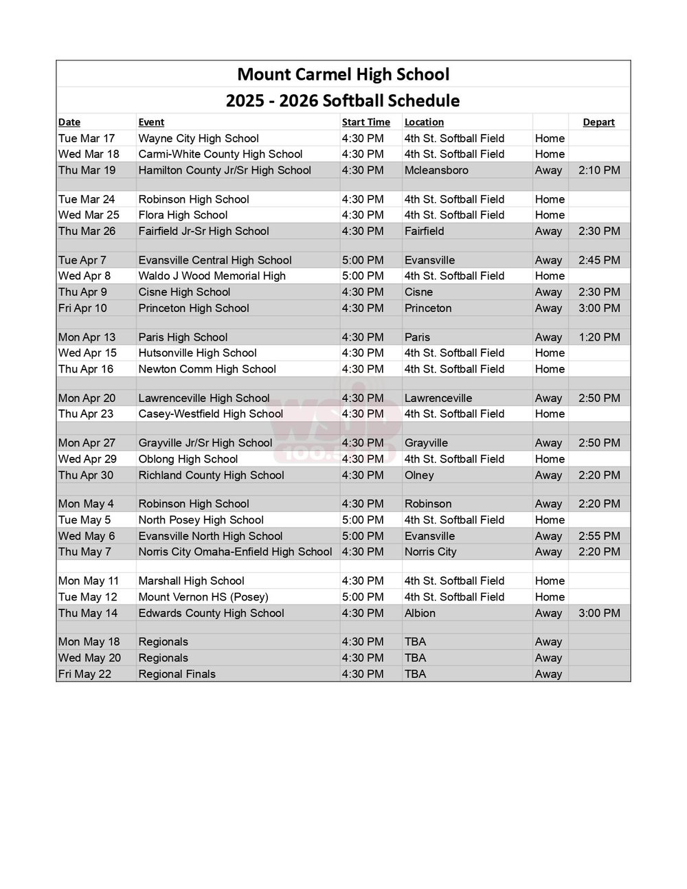 2026 MCHS Softball Schedule