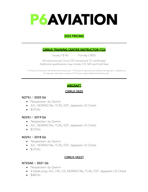 Pricing — Fly Cirrus Aircraft - P6 Aviation