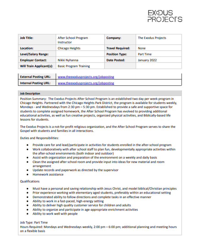 Job Openings — The Exodus Projects