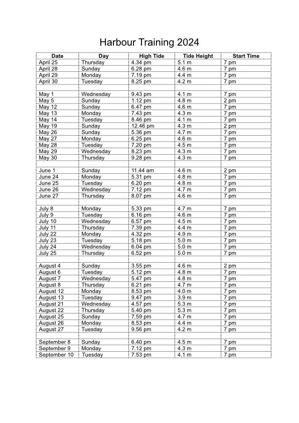 Harbour Training Timetable — Ye Amphibious Ancients Bathing Association
