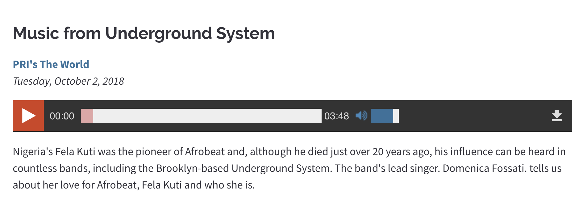 Interview: NPR/PRI The World — Underground System
