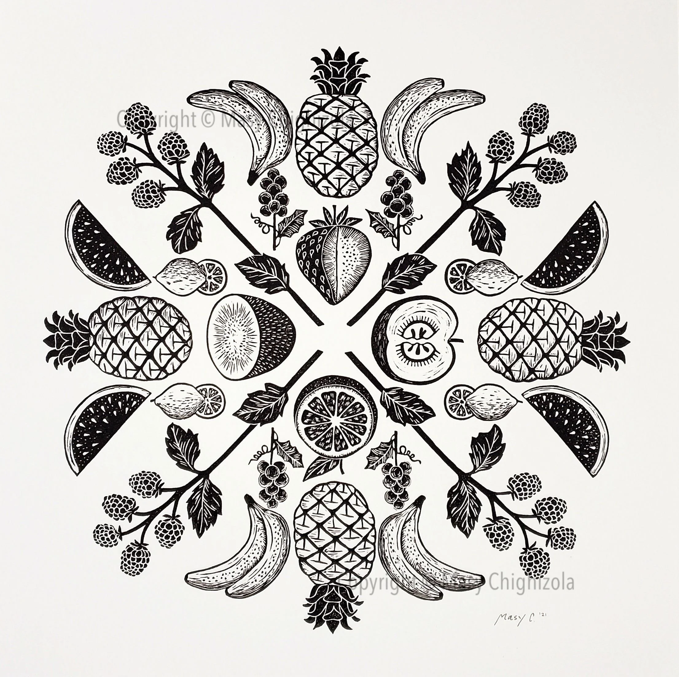 Fruit linocut print - fruit pattern wall art - neutral kitchen wall art