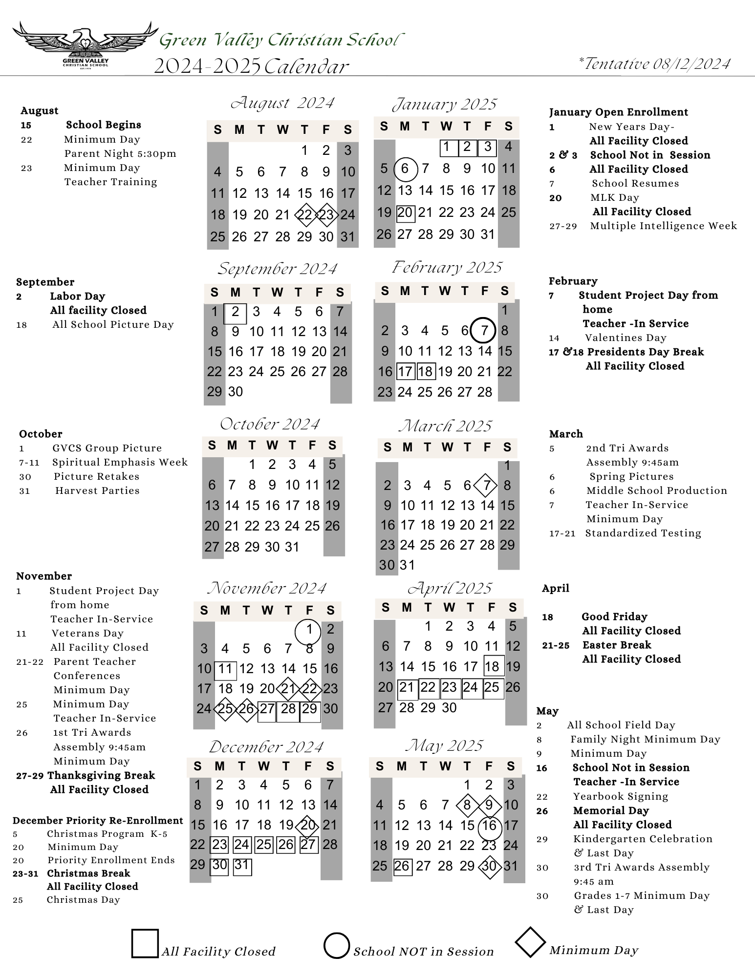 Calendar — Green Valley Christian School - Watsonville, CA
