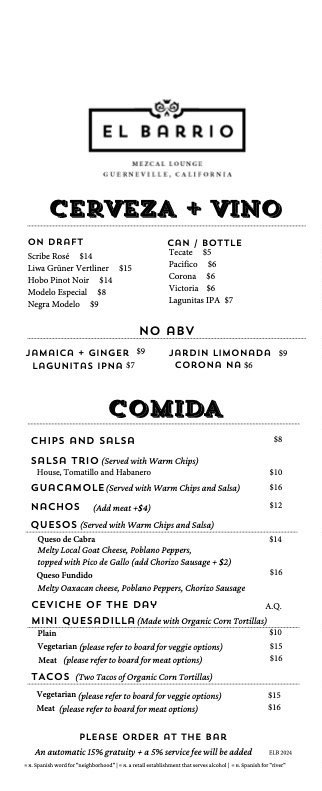 Menu — El Barrio