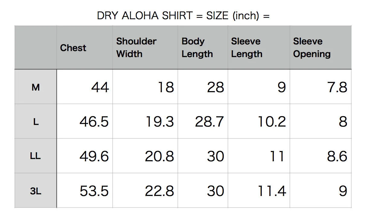 SIZE CHART -Aloha Shirts- - Kimono Aloha shirts in Kyoto Japan