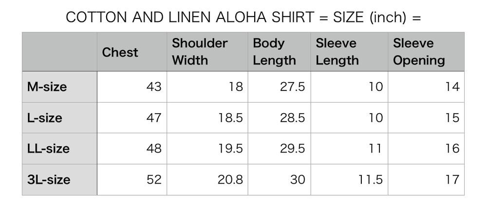 SIZE CHART -Aloha Shirts- - Kimono Aloha shirts in Kyoto Japan