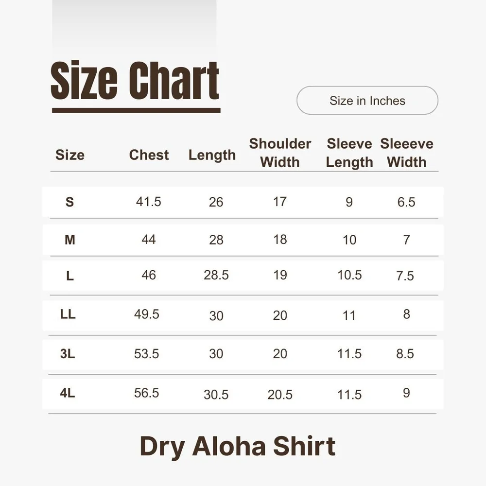 Visual Size Chart - Kimono Aloha shirts in Kyoto Japan