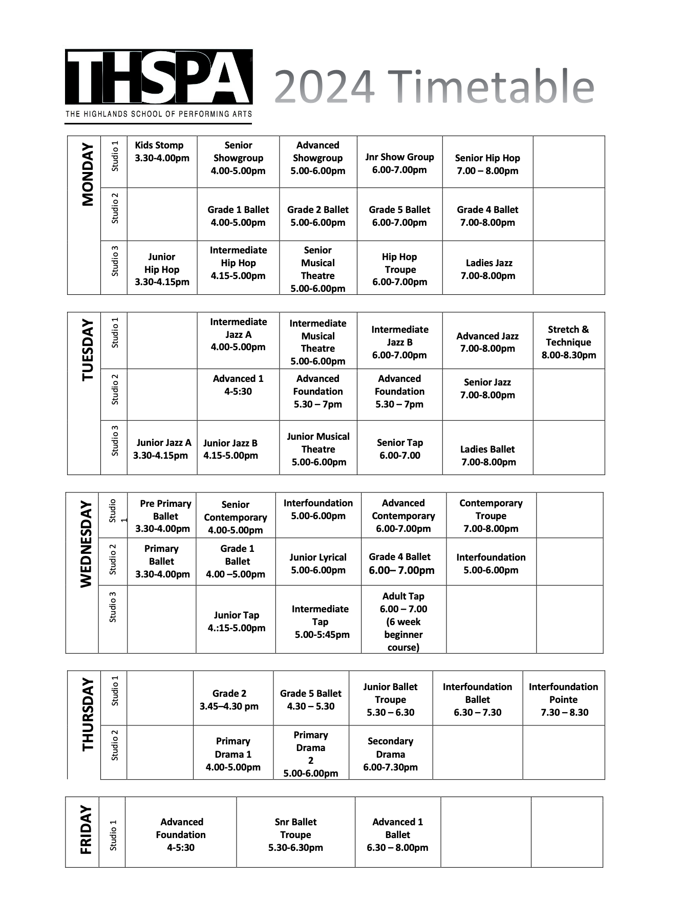 TIMETABLE & PRICING — THSPA