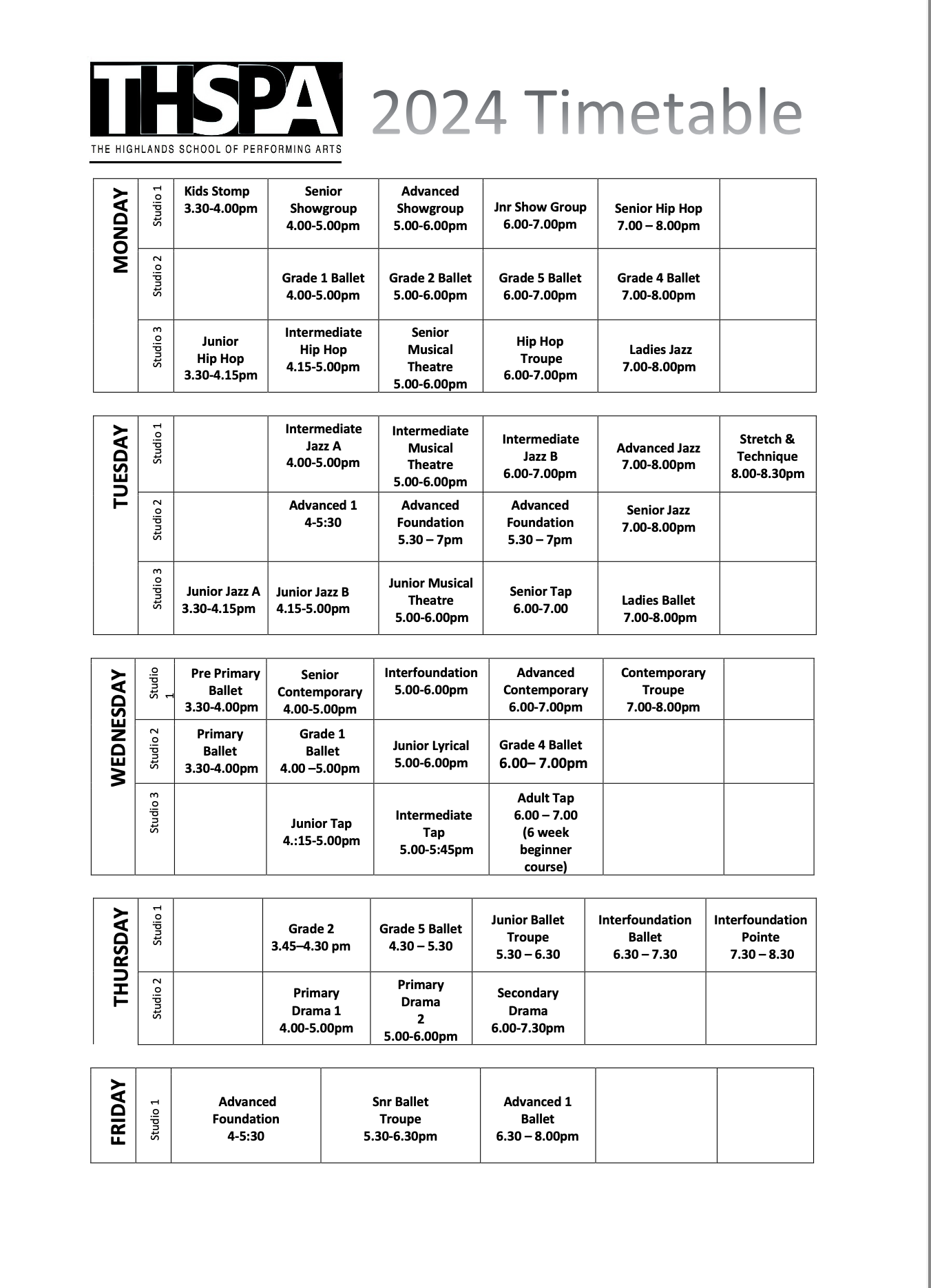 TIMETABLE & PRICING — THSPA